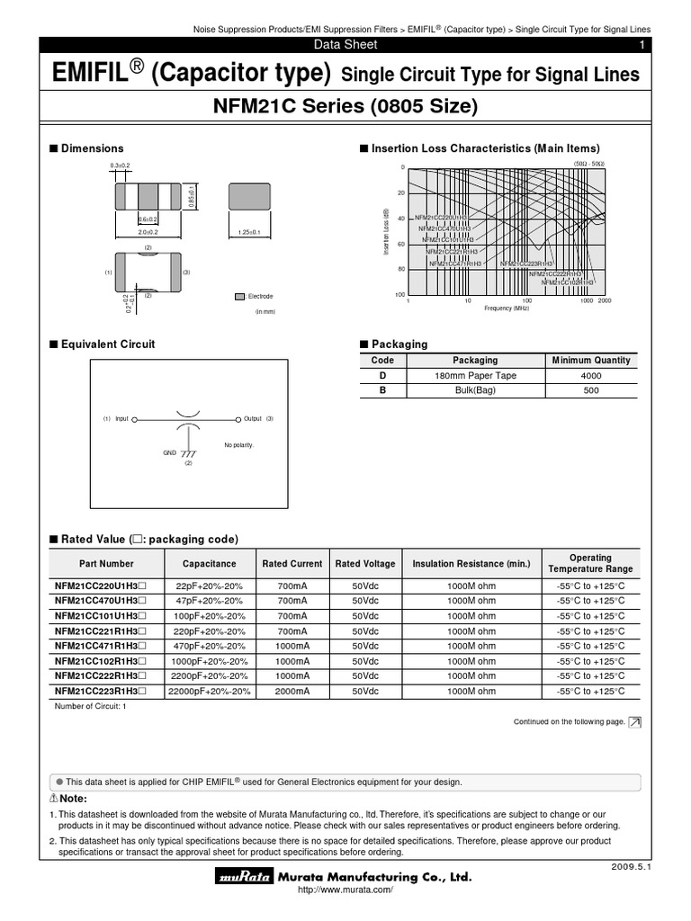 Emifil (Capacitor Type) : Single Circuit Type For Signal Lines NFM21C ...