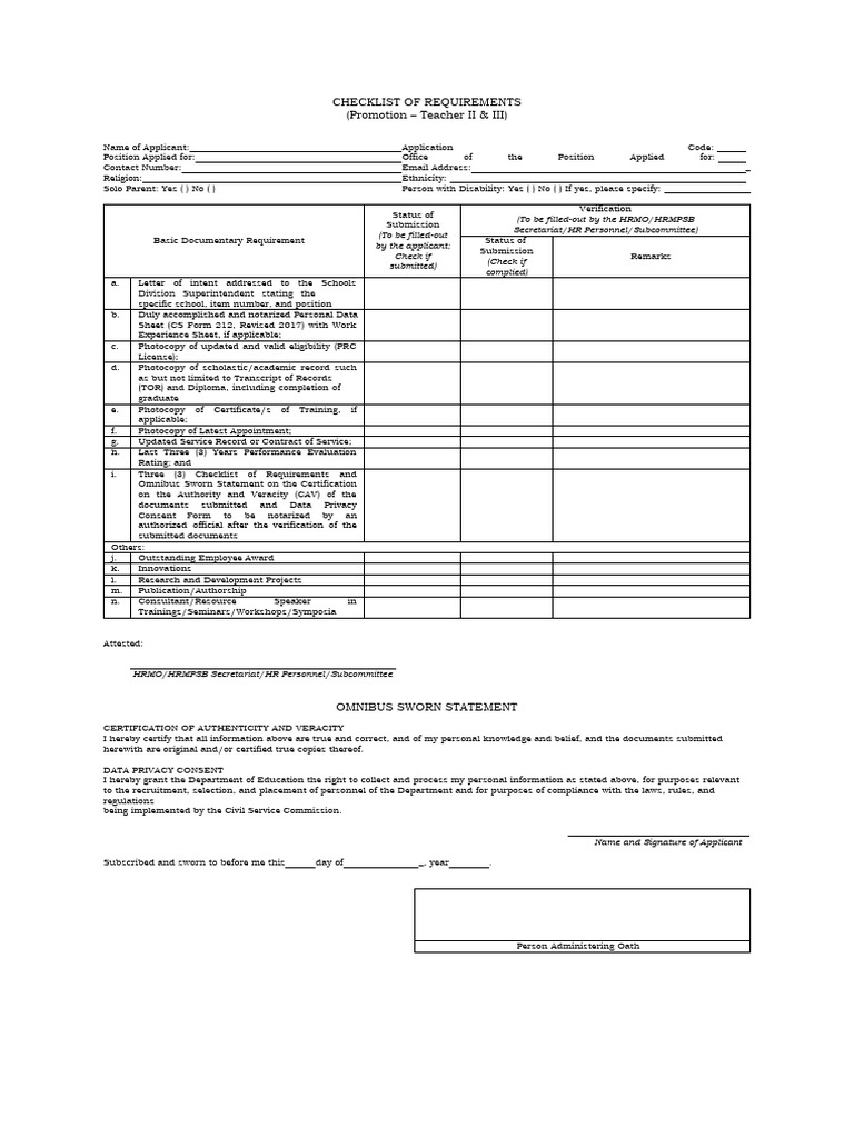 Checklist of Requirements For Teacher Promotion | PDF