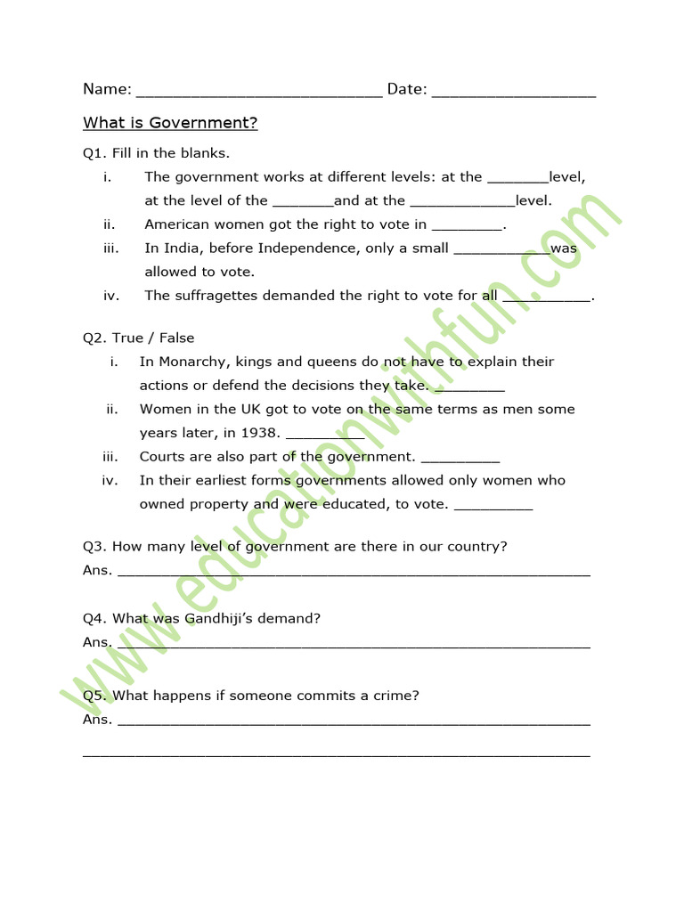 What Is Government Worksheet 1 | PDF