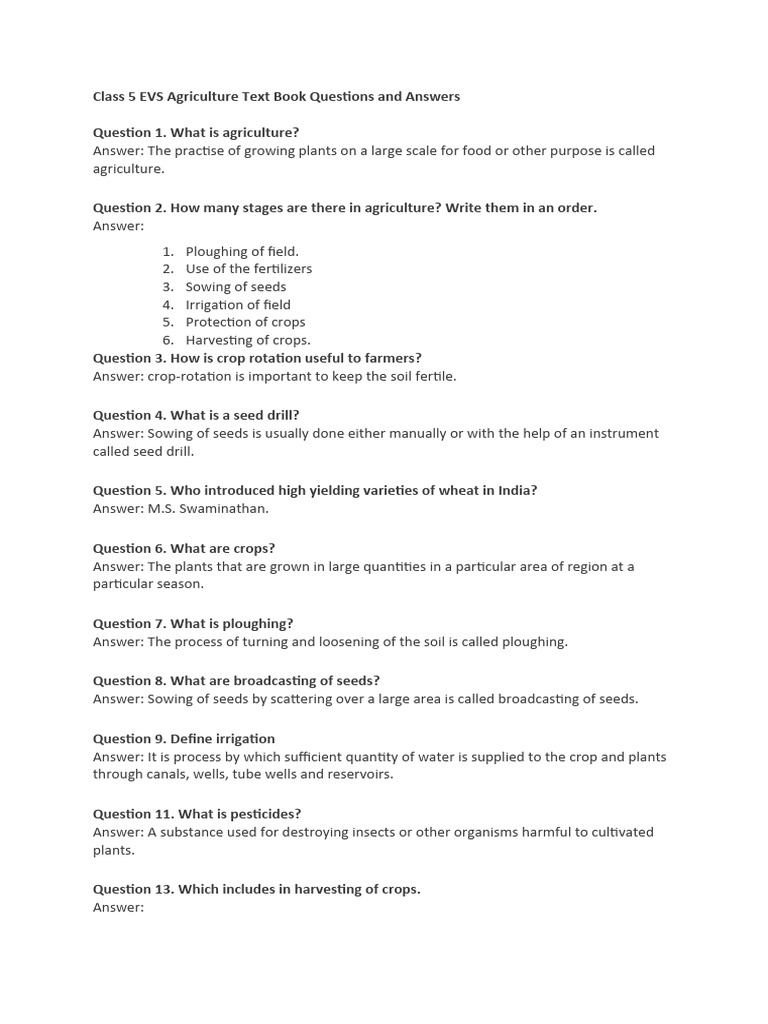 Class 5 EVS Agriculture Text Book Questions and Answers | PDF