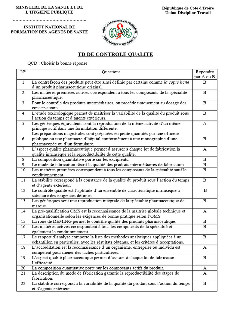 Contrôle Qualité Pharmaceutique : QCM et Réponses | PDF | Médicament ...
