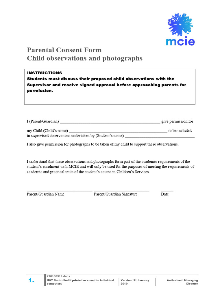 Parental Consent Form For Child Observation and Photographs | PDF