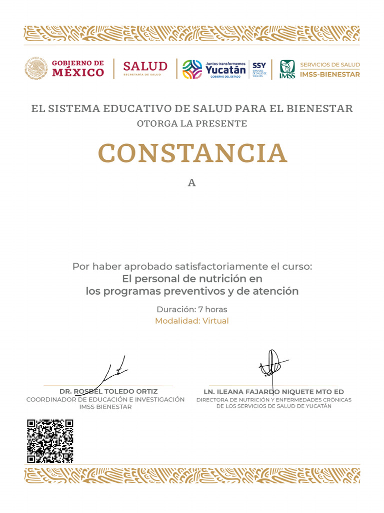 Constancia (El Personal de Nutrición en Los Programas Preventivos y de Atención9 - MGV | PDF