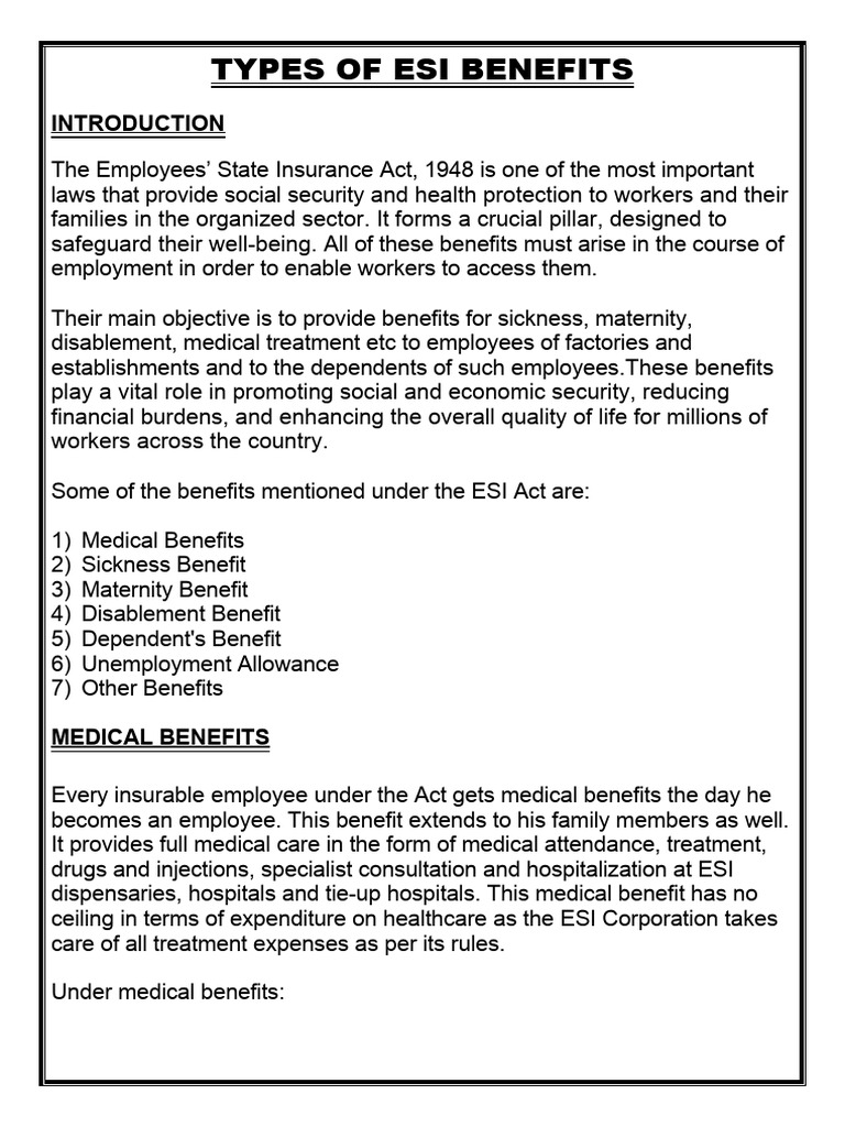 Types of Esi Benefits | PDF | Welfare | Unemployment Benefits