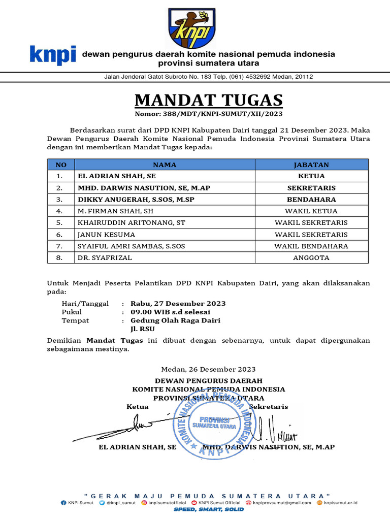 388 - Mandat Tugas Pelantikan DPD KNPI Dairi | PDF
