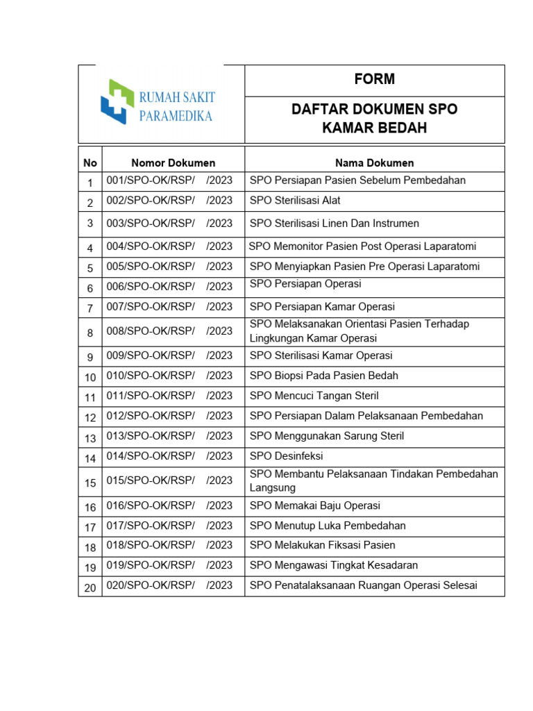 Daftar Dokumen Sop Kamar Operasi | PDF