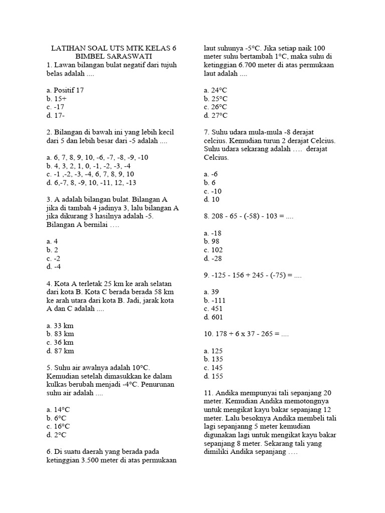 Latihan Soal Uts MTK Kelas 6 | PDF | Metode & Bahan Ajar