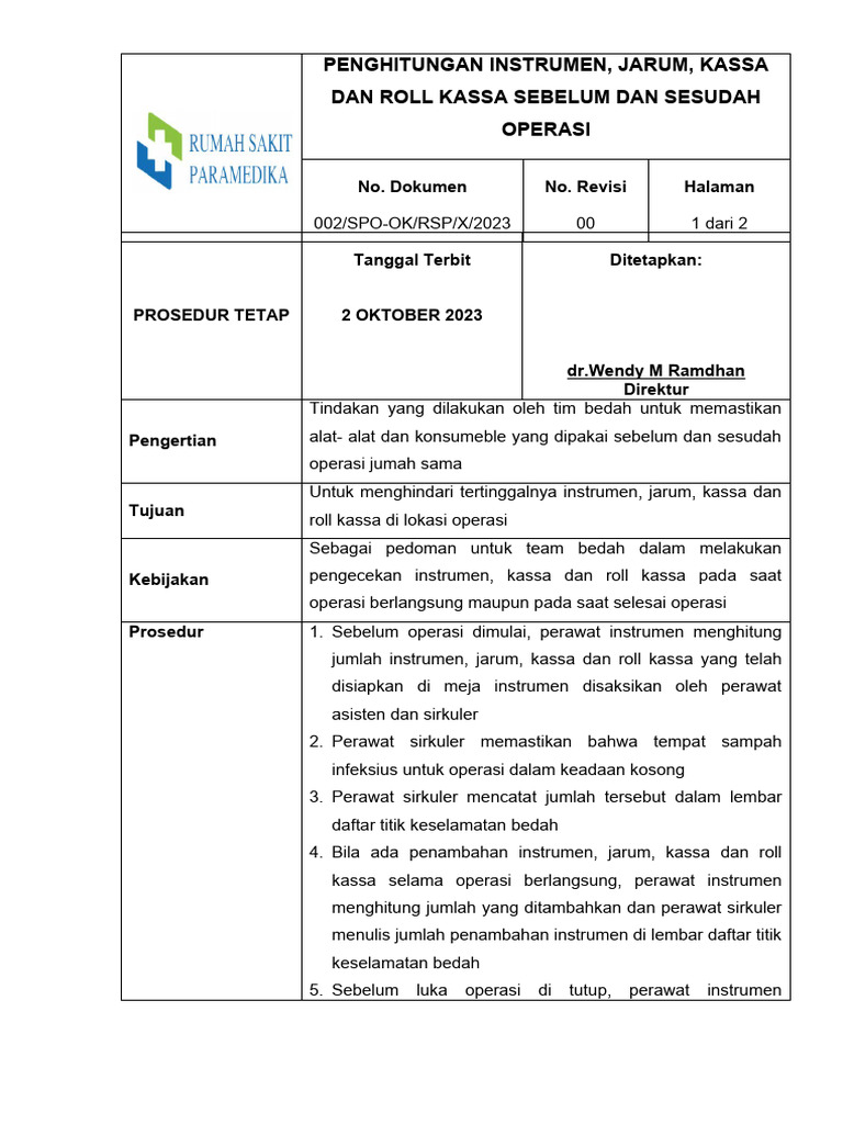 Sop Ok 002 Penghitungan Instrumen, Jarum, Kassa Dan Roll Kasa Sebelum ...