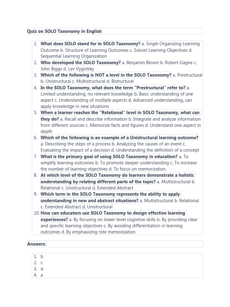 Quiz On SOLO Taxonomy in English | PDF