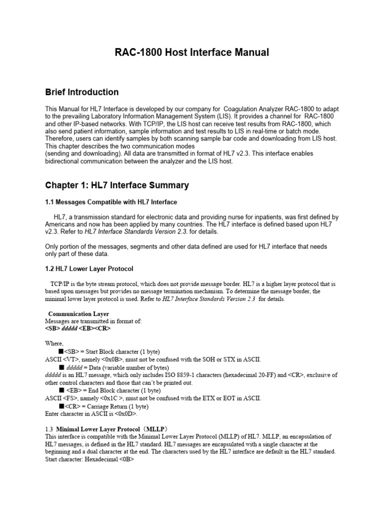 TS 190 HL7 Host Interface Manual V1.0e | PDF