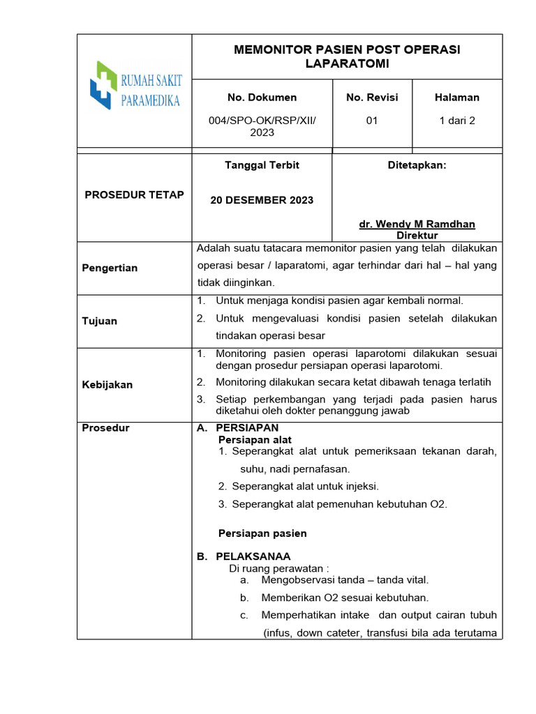 Sop Ok 004 Memonitor Pasien Post Operasi Laparatomi | PDF