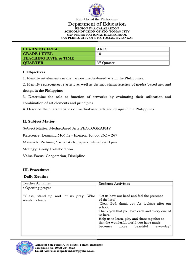 Detailed Lesson Plan in Arts 10 | PDF