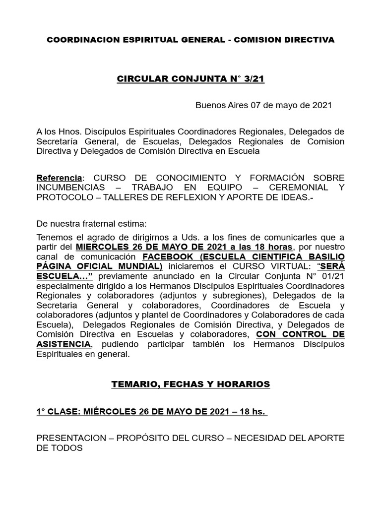 Circular Conjunta 3 21 Curso Virtual SERÁ ESCUELA Año 2021 | PDF