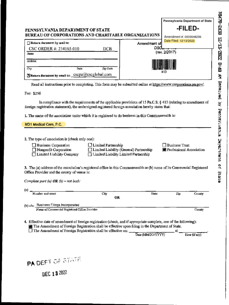 Pennsylvania Amendment Filing 0003648256 | PDF | Health Care | Health Economics