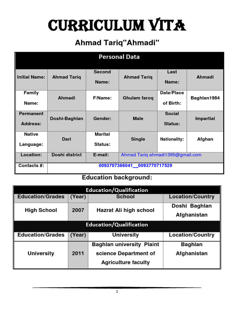 Ahamd Tariq CV | PDF | Afghanistan
