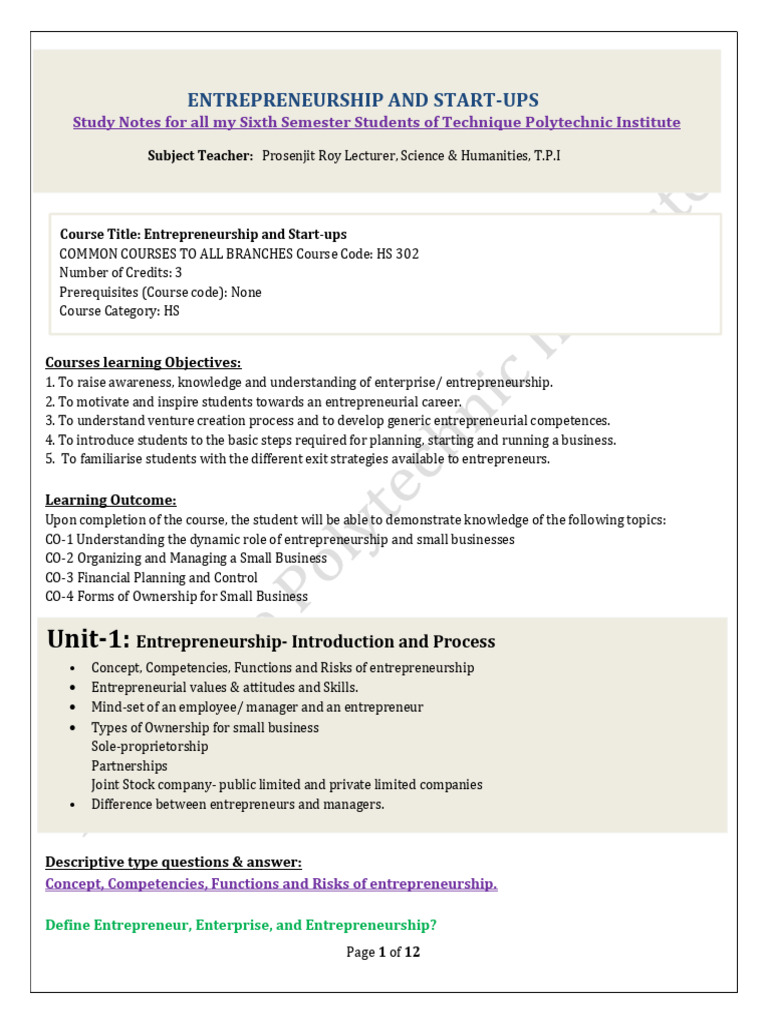 Unit-1 Entrepreneurship Introduction and Process | PDF ...