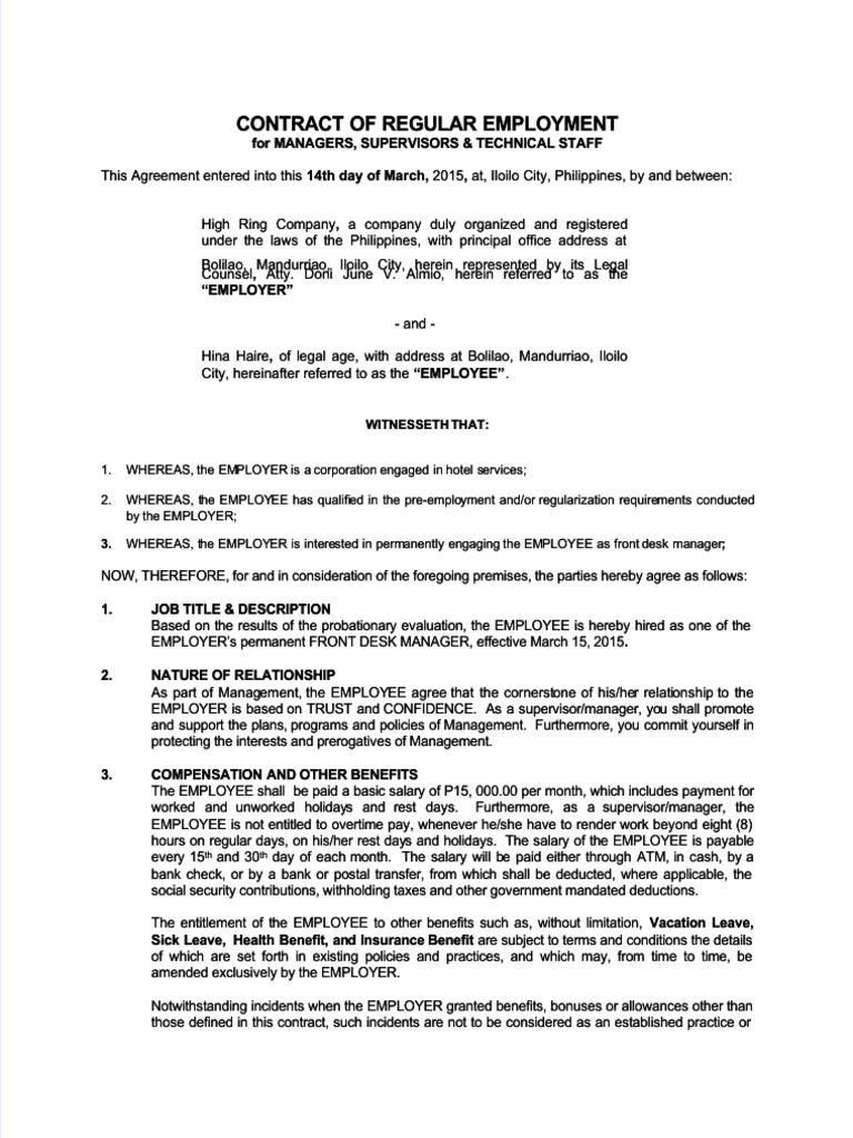 Employment Contract for Front Desk Manager | PDF | Employment | Salary