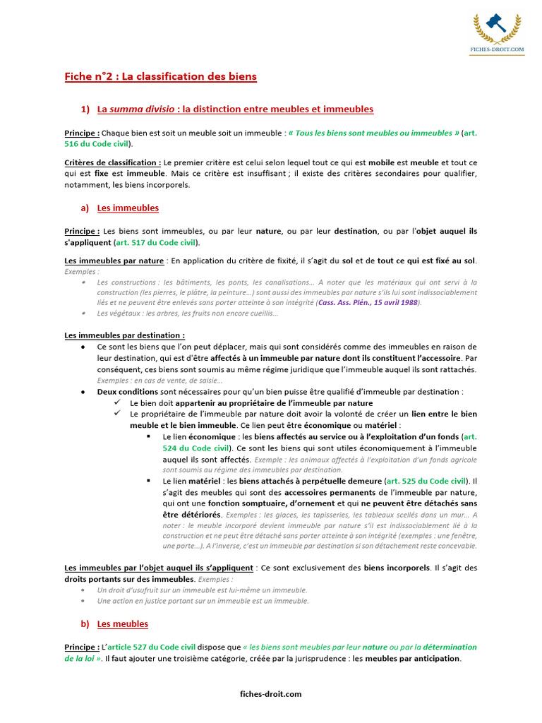 Fiche La Classification Des Biens | PDF