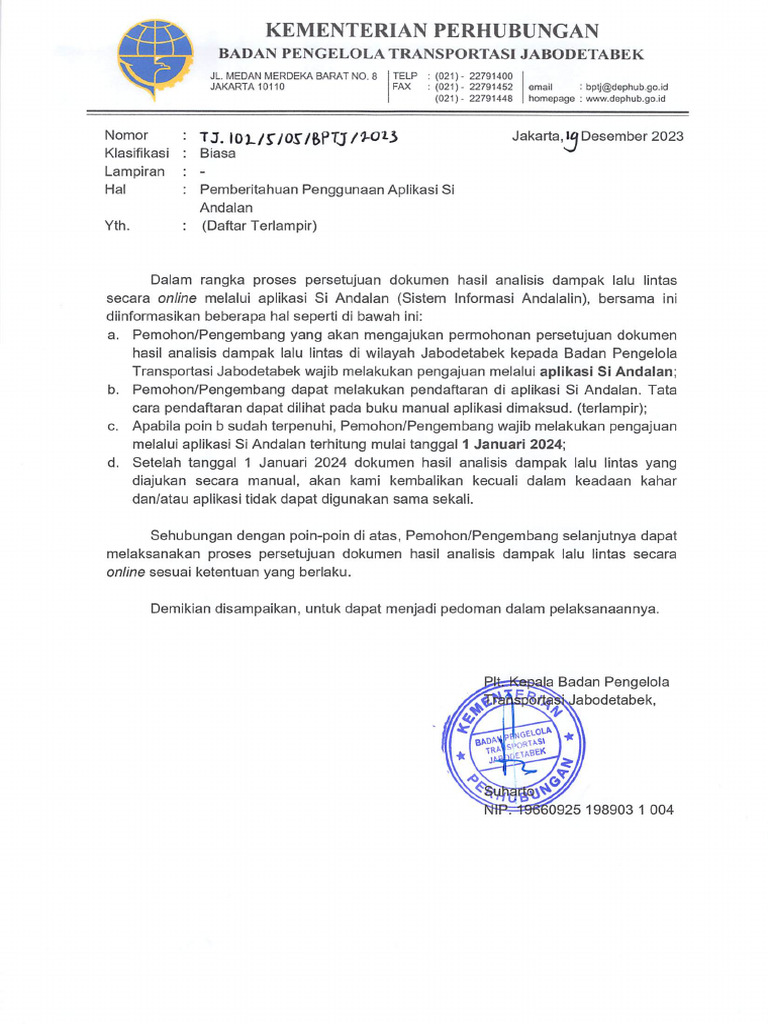 TJ.102-5-05-BPTJ-2023 Pemberitahuan Penggunaan Aplikasi Si Andalan | PDF