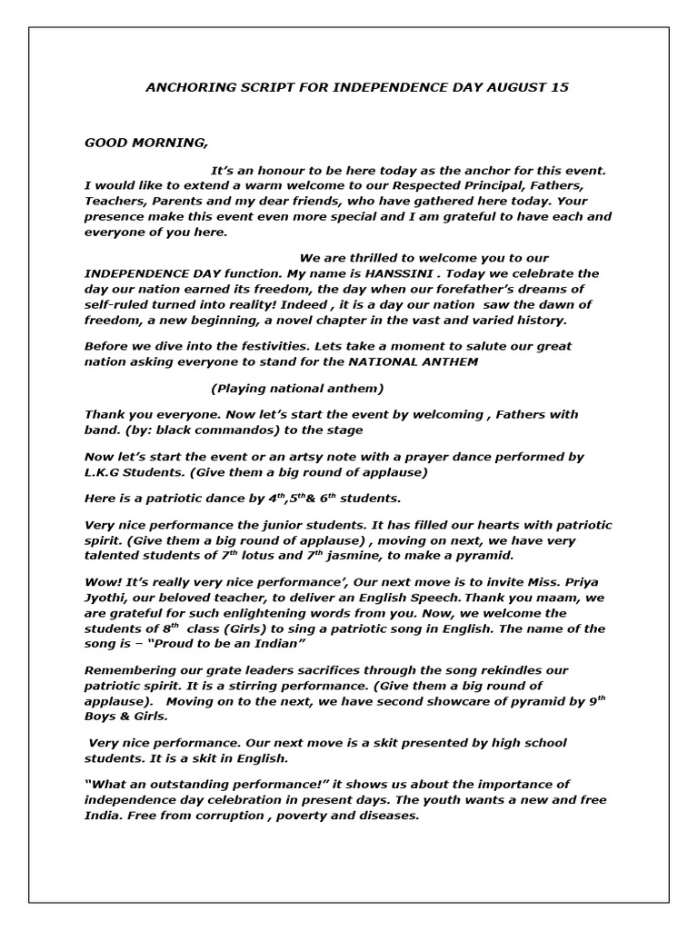 Anchoring Script For Independence Day August 15 | PDF