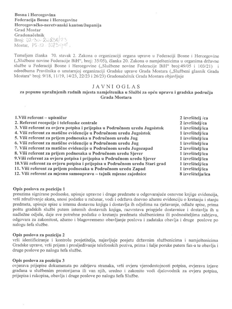 Javni Oglas Namjestenici | PDF