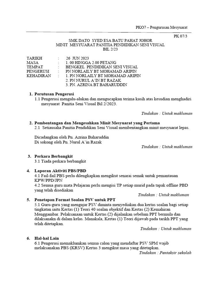 Minit Mesyuarat PSV 2023 | PDF