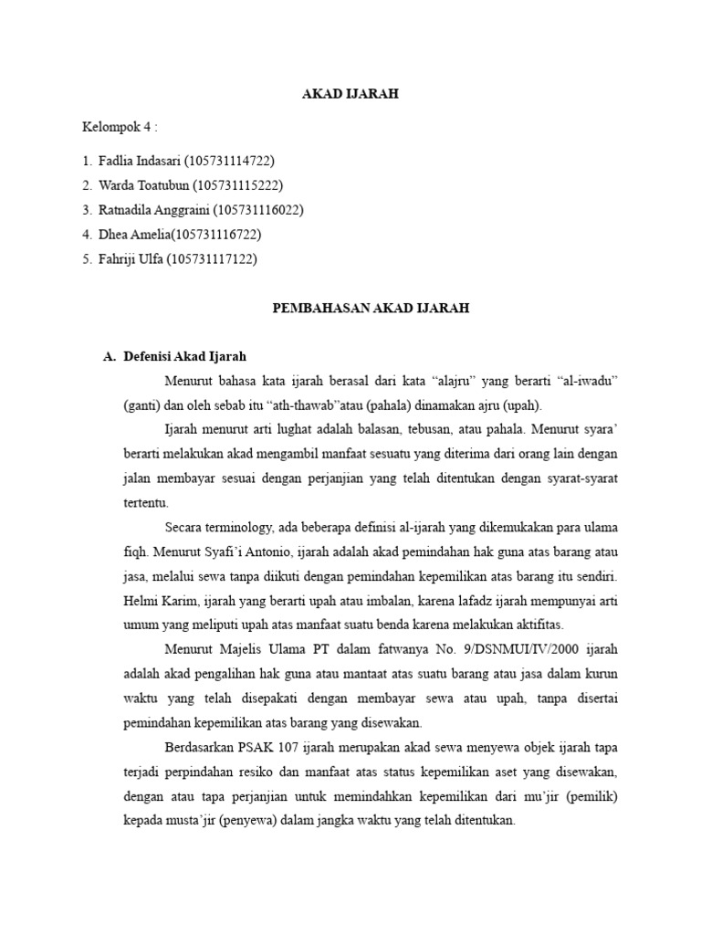 AKAD IJARAH - Kelompok 4 Akuntansi Syariah Ak22e | PDF