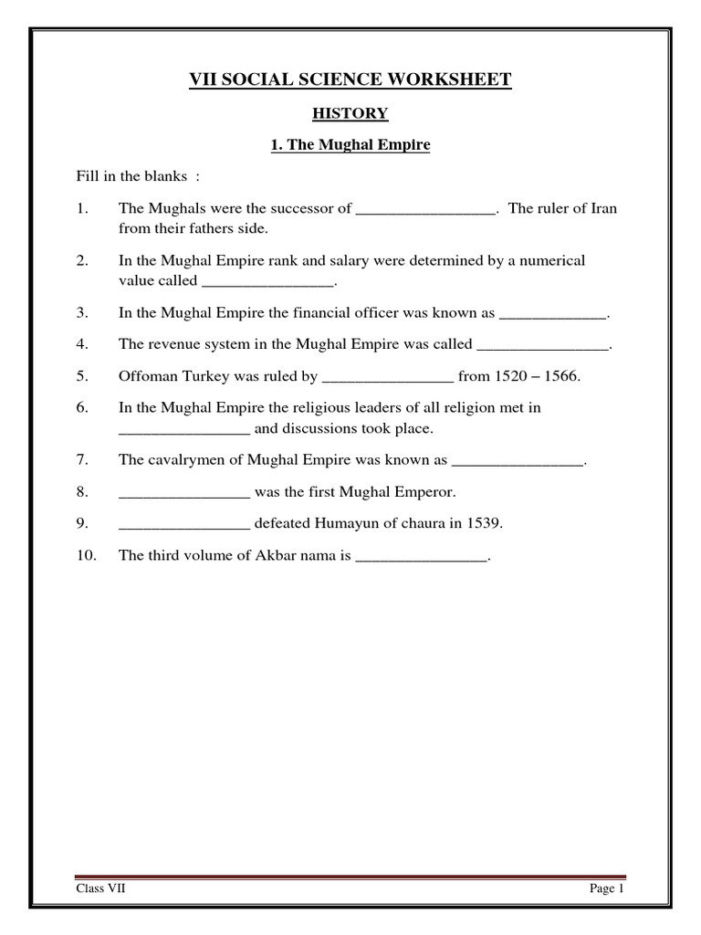 CBSE 7th Social Science History Worksheet The Mughal Empire | PDF CBSE 7th Social Science History Worksheet The Mughal Empire | PDF