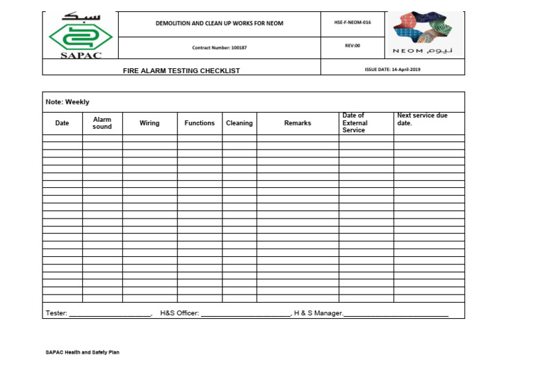 HSE-F-NEOM-016 - Fire Alarm Testing Checklist | PDF