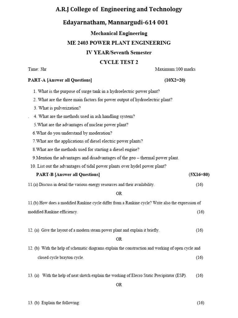 Mechanical Engineering Me 2403 Power Plant Engineering IV YEAR/Seventh ...