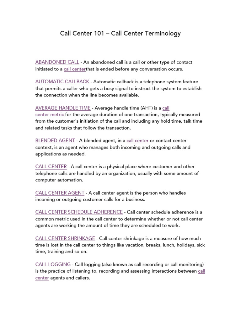 Call Center 101 - Call Center Terminology | PDF