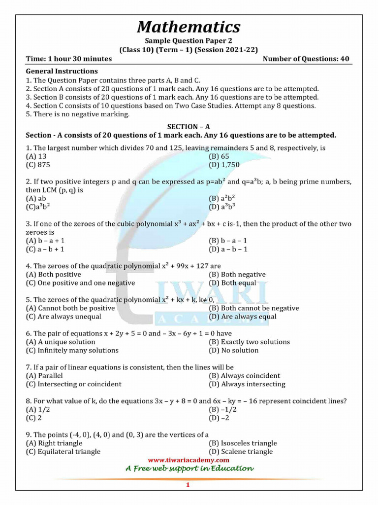 10 Maths Sample Papers 2 | PDF