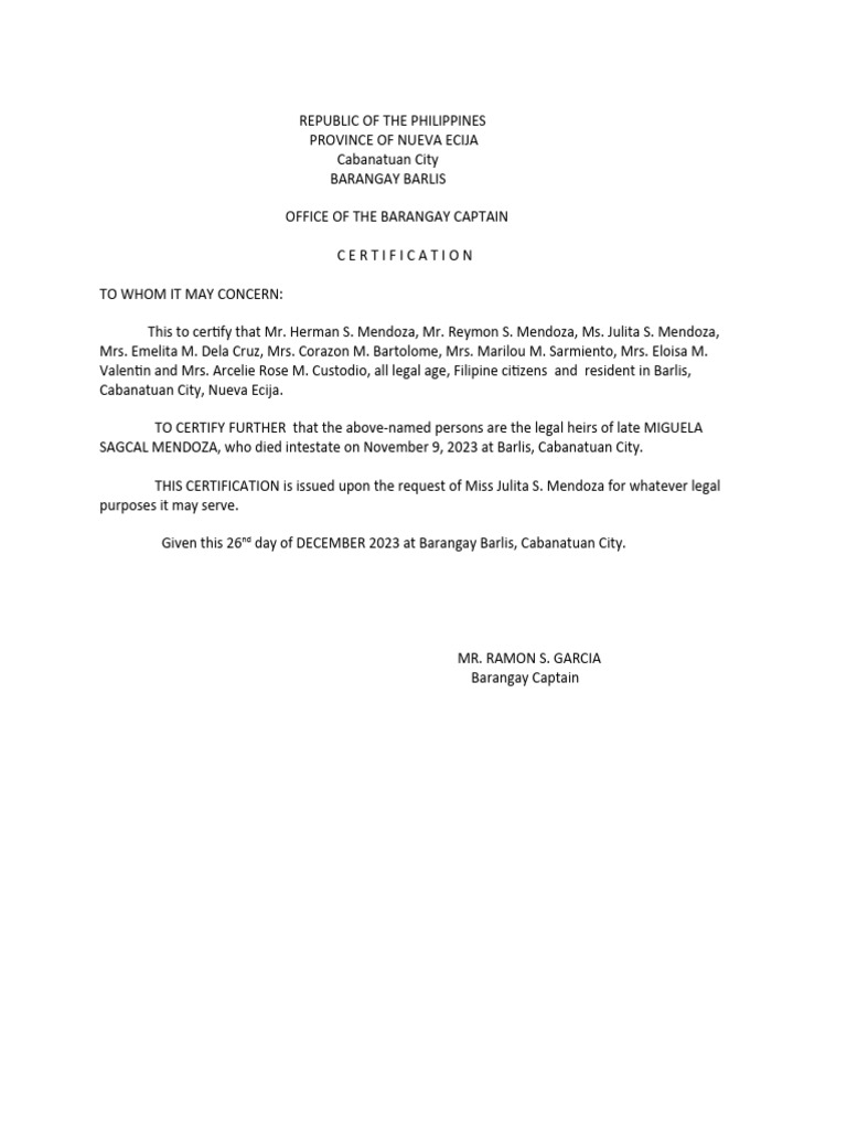 Brgy Certifying The Legal Heirs of M. Mendoza | PDF