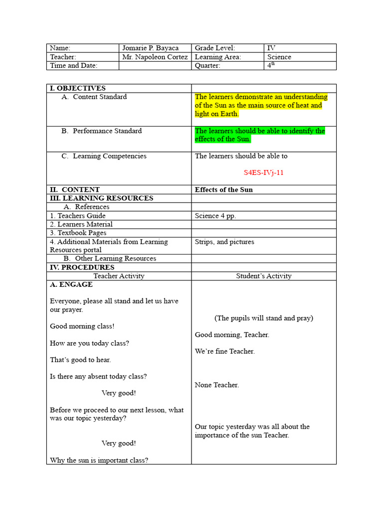 LESSON PLAN 5e's | PDF | Ultraviolet | Sun