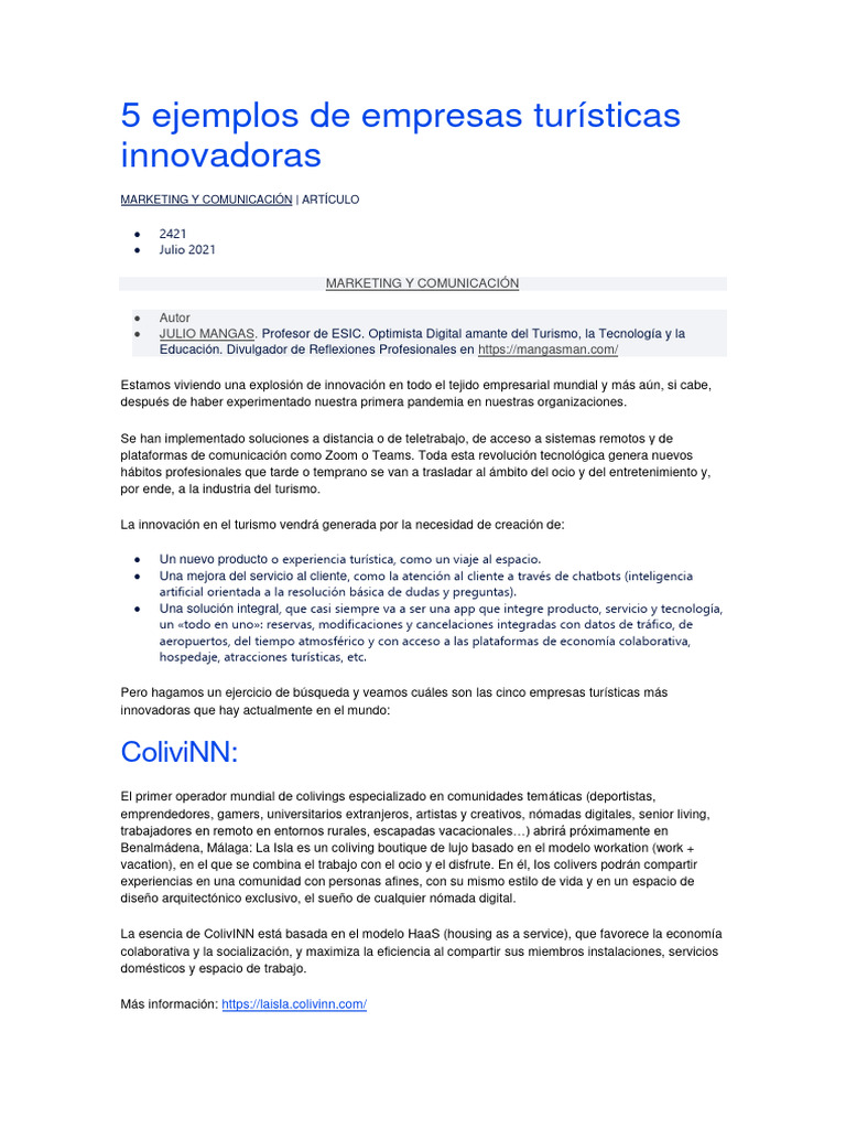 5 Ejemplos de Empresas Turísticas Innovadoras | PDF | Turismo | Hotel