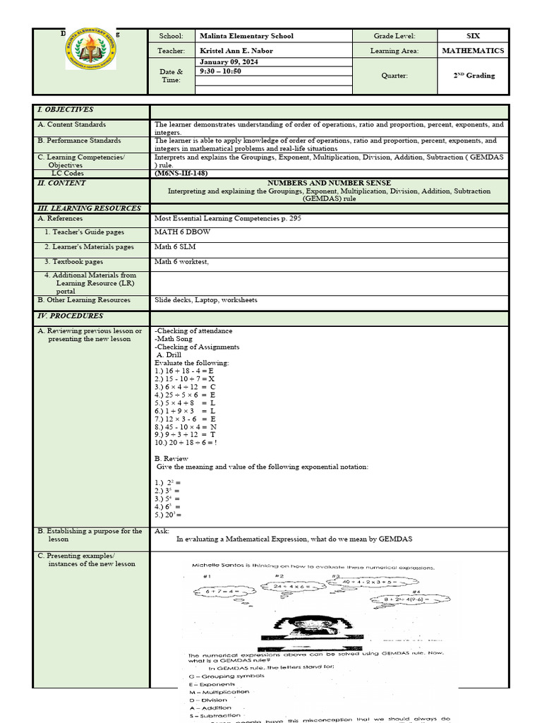 DLP Math Q2 W8 D1 Gemdas | PDF | Learning | Teachers