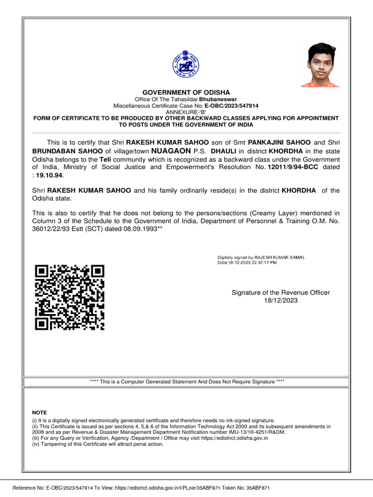 Rakesh Kumar Sahoo Obc Certificate | PDF Rakesh Kumar Sahoo Obc Certificate | PDF