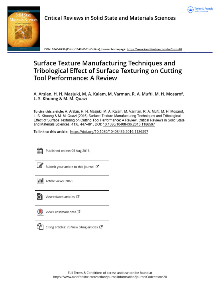 Surface Texture Manufacturing Techniques and Tribological Effect of Surface Texturing On Cutting ...