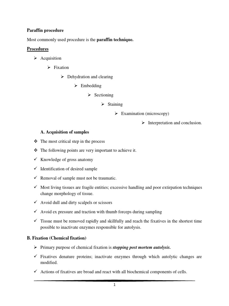 1 Paraffin Procedure Word | PDF | Fixation (Histology) | Staining