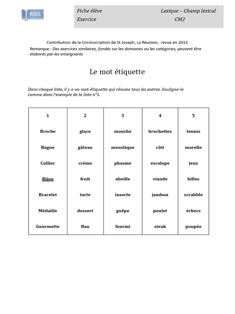 Exercices de mots étiquettes CM1-CM2 | PDF
