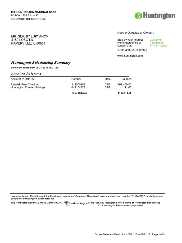 Huntington Bank Statement 08/21/23 | PDF