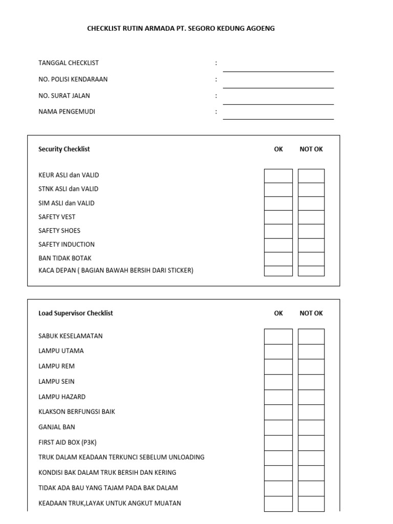 Checklist Armada PT. Segoro Kedung | PDF