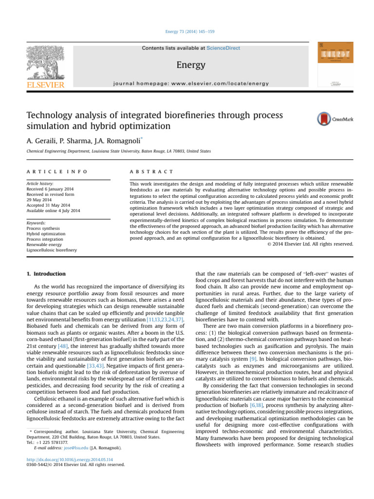 (2014) Technology Analysis of Integrated Biorefineries Through Process Simulation and Hybrid ...