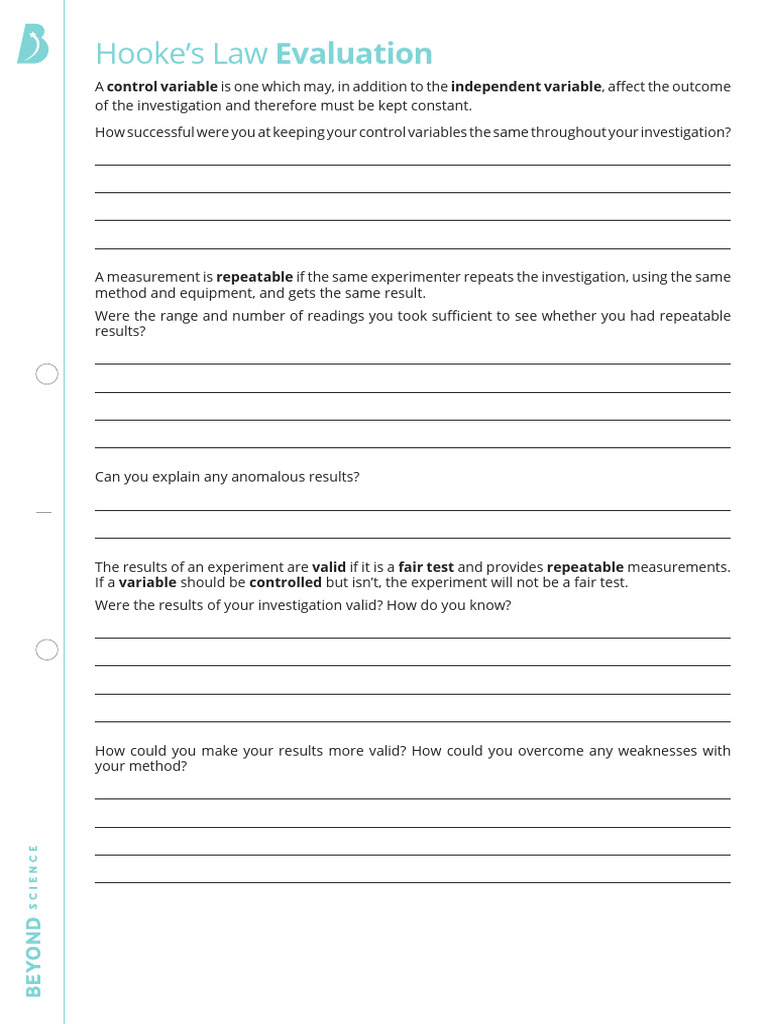 Hooke's Law Evaluation Worksheet LA | PDF