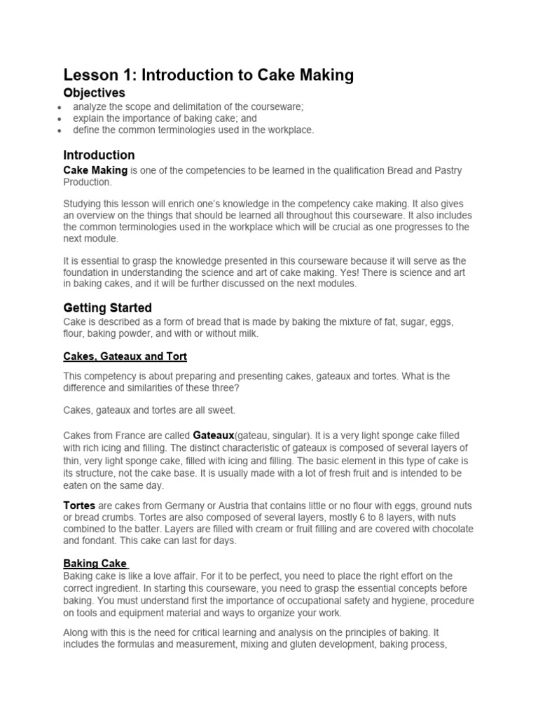 Lesson 1: Introduction To Cake Making: Objectives | PDF | Cakes | Chocolate