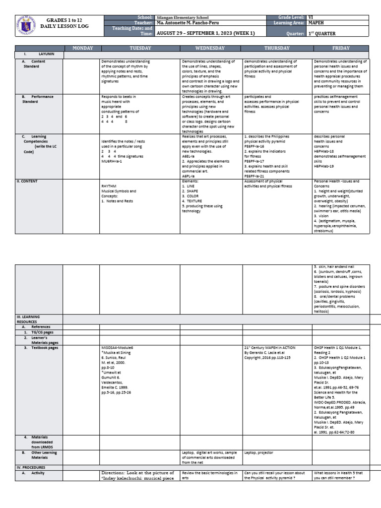 DLL Mapeh-6 Q1 W1 | PDF | Learning | Rhythm