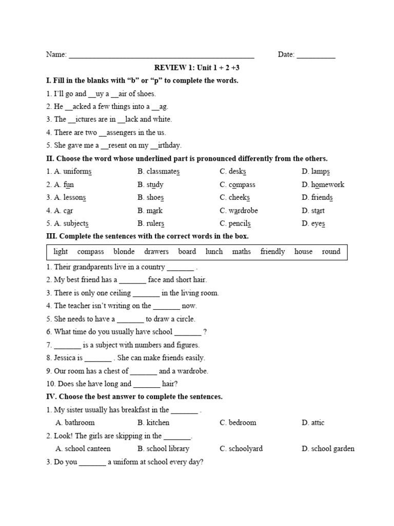 English Test Review for Grade 6 Unit 1 | PDF | Schools