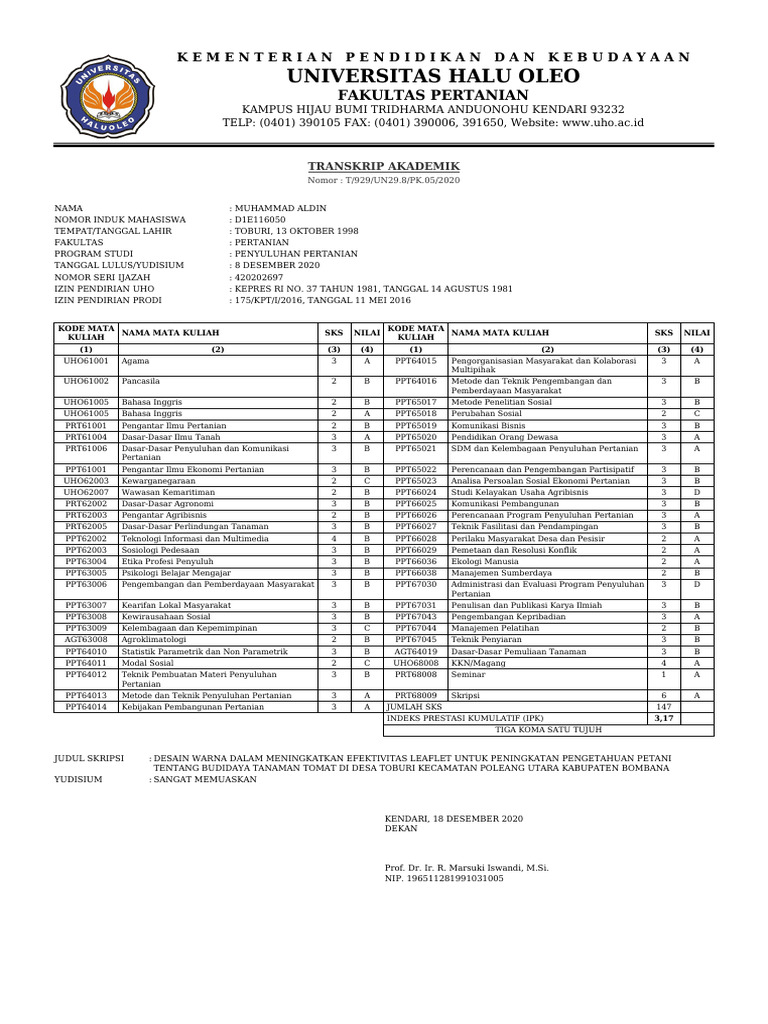 Transkrip Nilai Muhammad Aldin | PDF