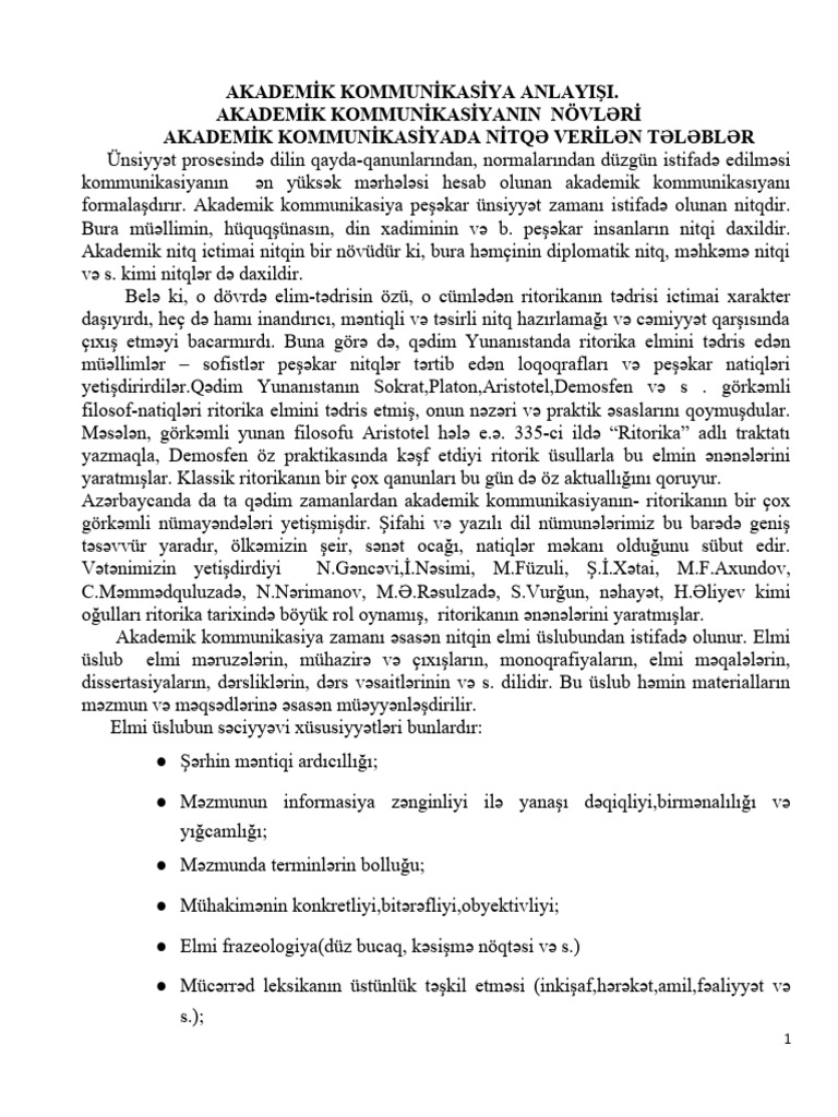 Akademik Kommunikasiya Anlayi?I. Akademik Kommunikasiyanin n?VL | PDF