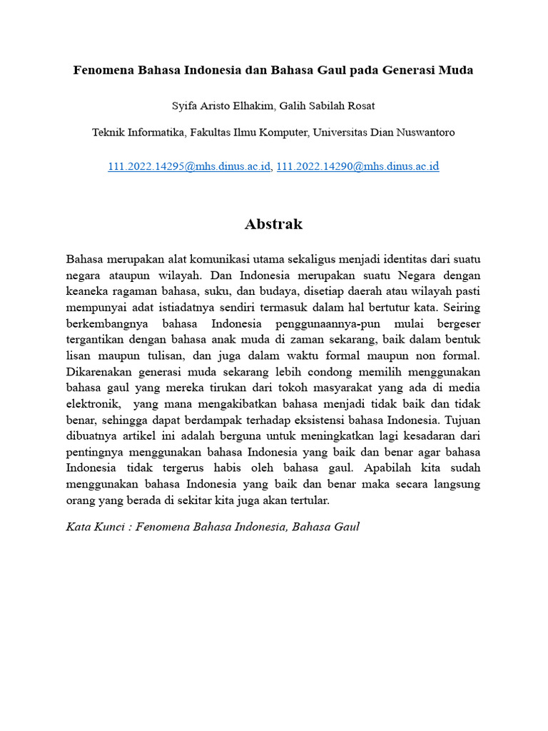 Fenomena Bahasa Indonesia Dan Bahasa Gaul Pada Generasi Muda | PDF